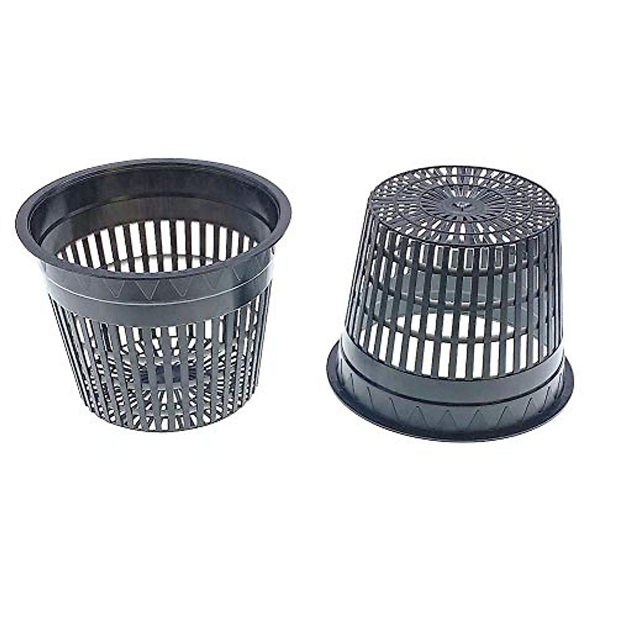 HORTIPOTS 5 Inch Net Pots Raised Center Bottom Mesh Side Wide Rim Round Cup with Free Reflective Top Lids for Hydroponics Systems (Pack of 10, Black)