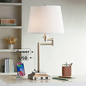 360 Lighting Camber Modern Desk Table Lamp Swing Arm with Hotel Style USB and AC Power Outlet in Base 29" Tall Brushed Nickel Linen Shade for Living Room Bedroom House Bedside Reading Home