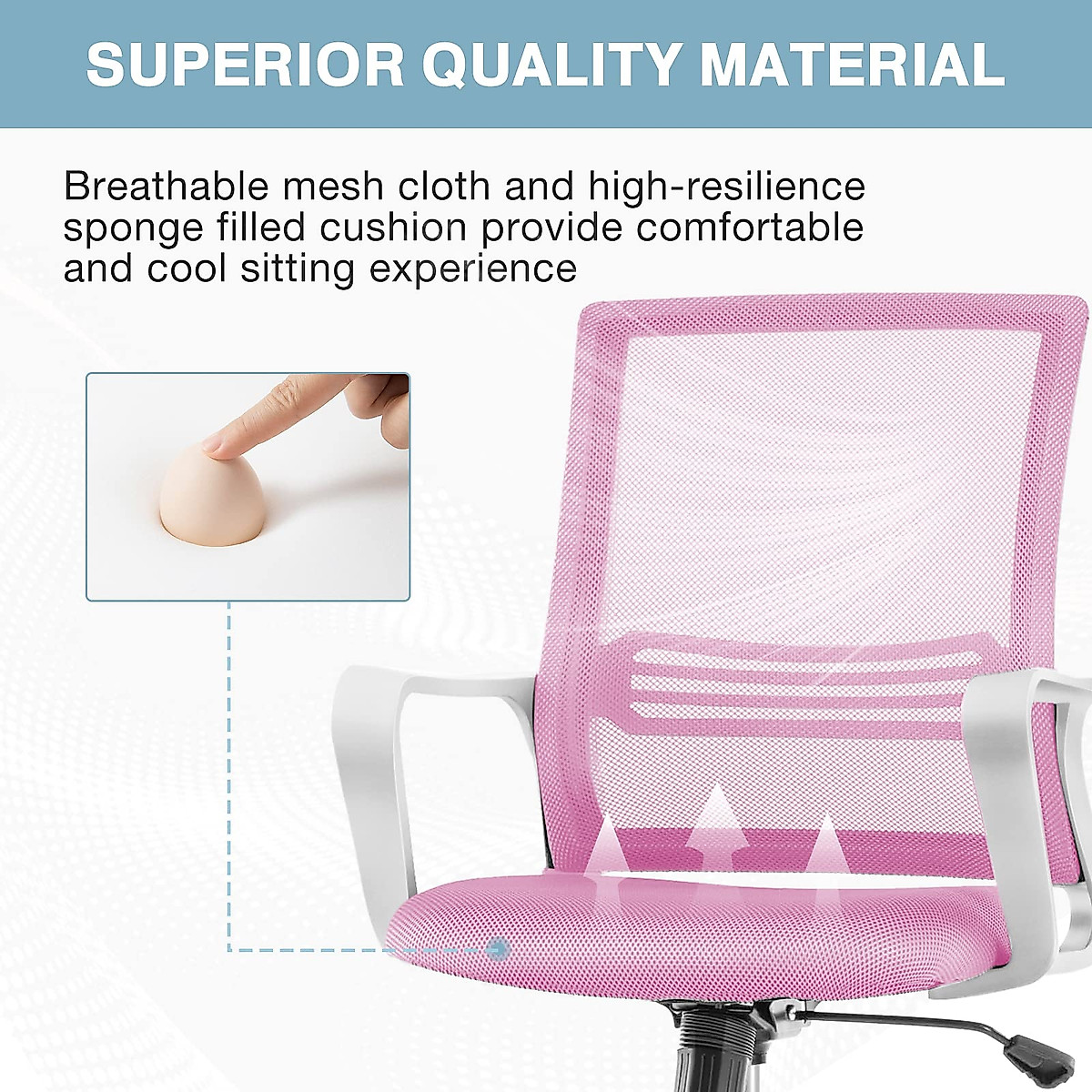 AFO Ergonomic Office Chair Adjustable with Comfortable Lumbar Support, Armrest and Padded Seat, 360 Degree Swivel, Mid Back Breathable Mesh, Rocking Mode, for Conference Room, Executive, Study, Pink