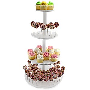 Darware Cake Pop/Cupcake Stand (4-Tiered); White Wooden Dessert Display for Parties and Special Events