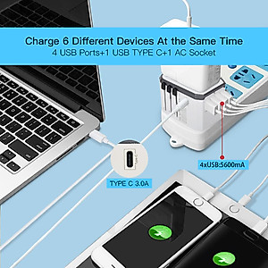 Universal Power Adapter, USB International Travel Adaptor All in One Worldwide Plug Fast Charger Outlet with 4 USB Ports AC Socket for US to AU UK Europe Over 224 Countries