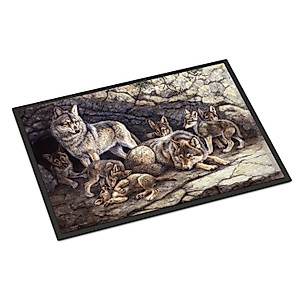 Caroline's Treasures BDBA0157MAT Wolf Wolves by The Den Doormat 18x27 Front Door Mat Indoor Outdoor Rugs for Entryway, Non Slip Washable Low Pile, 18H X 27W
