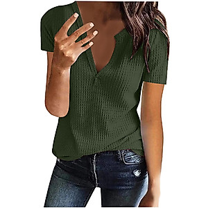 DASAYO Women Waffle V Neck Tops Tshirt Solid Color Work Casual Comfy T Shirts Fashion Going Out Spring Summer Blouse Tee