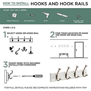 129854 Coat Rack, 10-Inch, Wall Mounted Coat Rack with 3 Decorative Hooks, Satin Nickel and White