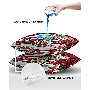 Christmas Outdoor Pillow Cover 16x16 Inch Cushion Sham Case,Red Plaid Gnome Truck Winter Snowflake Xmas Tree Waterproof Decorative Square Throw Pillowcase for Garden Patio Porch Couch Chair Tent