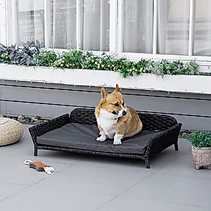 PawHut Elevated Rattan Dog Bed with Steel Frame, Handwoven Wicker Pet Bed with Water Resistant Cushion, Dog Bed Outdoor for Large Medium Dog, Charcoal Grey