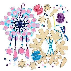 Baker Ross FE894 Snowflake Wooden Dream Catcher Craft Kits - Pack of 4, Make Your Own Wood Dream Catcher Kit, Christmas Art, and Craft for Kids to Make and Decorate