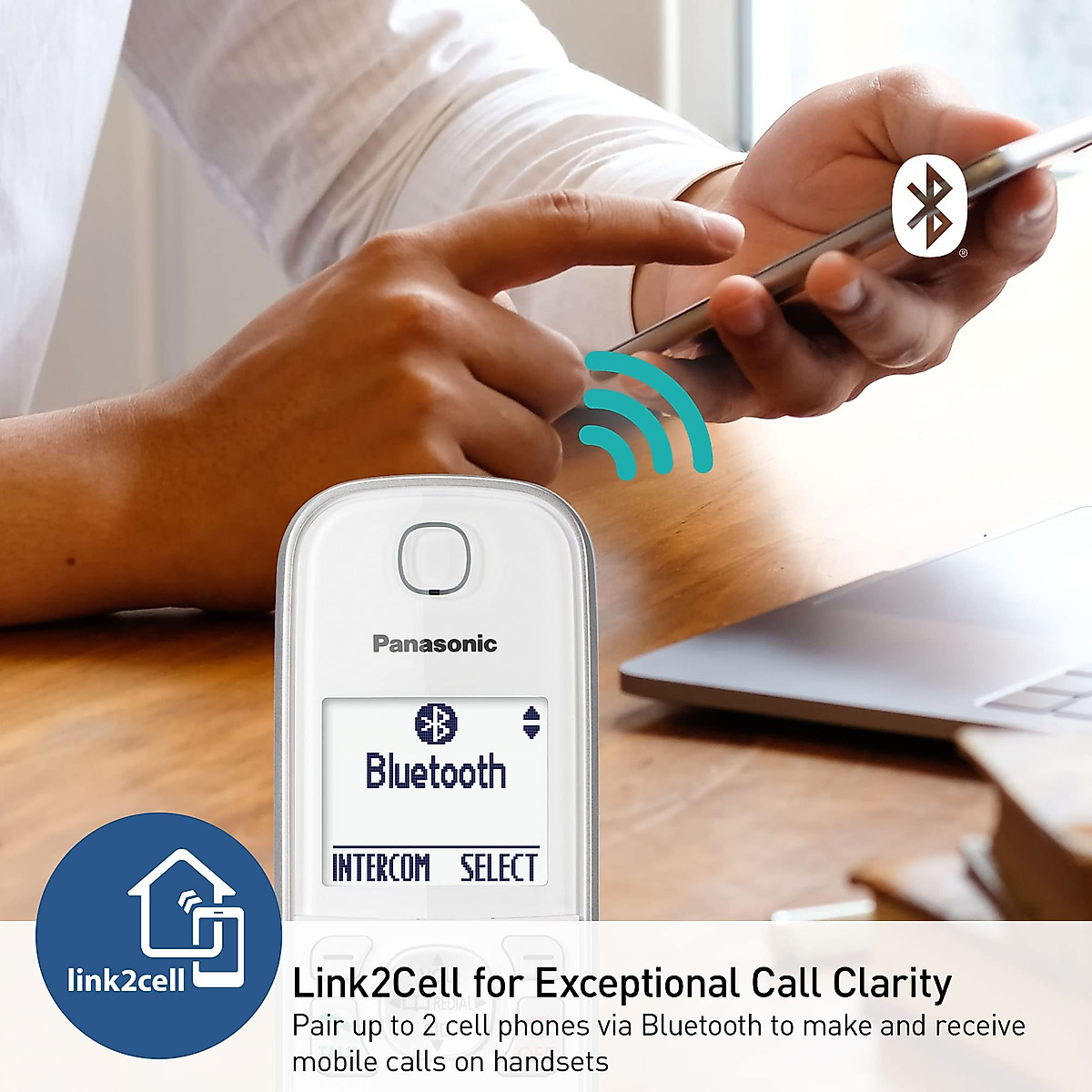 Panasonic Cordless Phone with Answering Machine, Link2Cell Bluetooth, Voice Assistant and Advanced Call Blocking, Expandable System with 4 Handsets - KX-TGD864W (White)