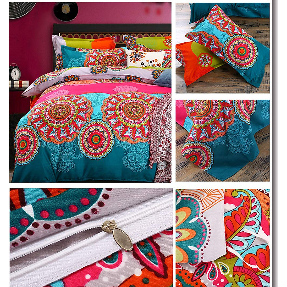 Pangzi Bohemian Duvet Cover Set Lightweight Microfiber Bedding Set Boho Floral Print Comforter Cover with Zipper Closure (Queen)