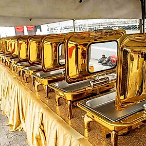 HONHPD Gold Chafing Dish Buffet Set,9 Quart Rectangular Chafer, with Glass Top, Soft-Close Lid,Food Pan, Water Pan and Fuel Holders, for Wedding, Parties, Banquet,Catering Events (2 Half Size)