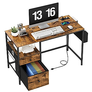 HOOBRO Computer Desk with Fabric File Drawers, 47" Office Desk with Power Outlet, Writing Desk with Side Pocket, for Home Office, Living Room, Easy to Assemble, Rustic Brown and Black BF10UDN01