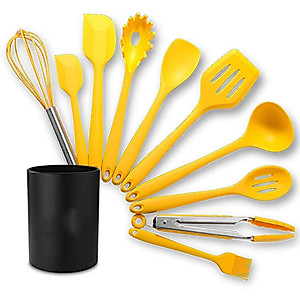 10PC Yellow Silicone Kitchenware Cooking Utensils Set Heat Resistant Kitchen Non-Stick Cooking Utensils with Storage Box