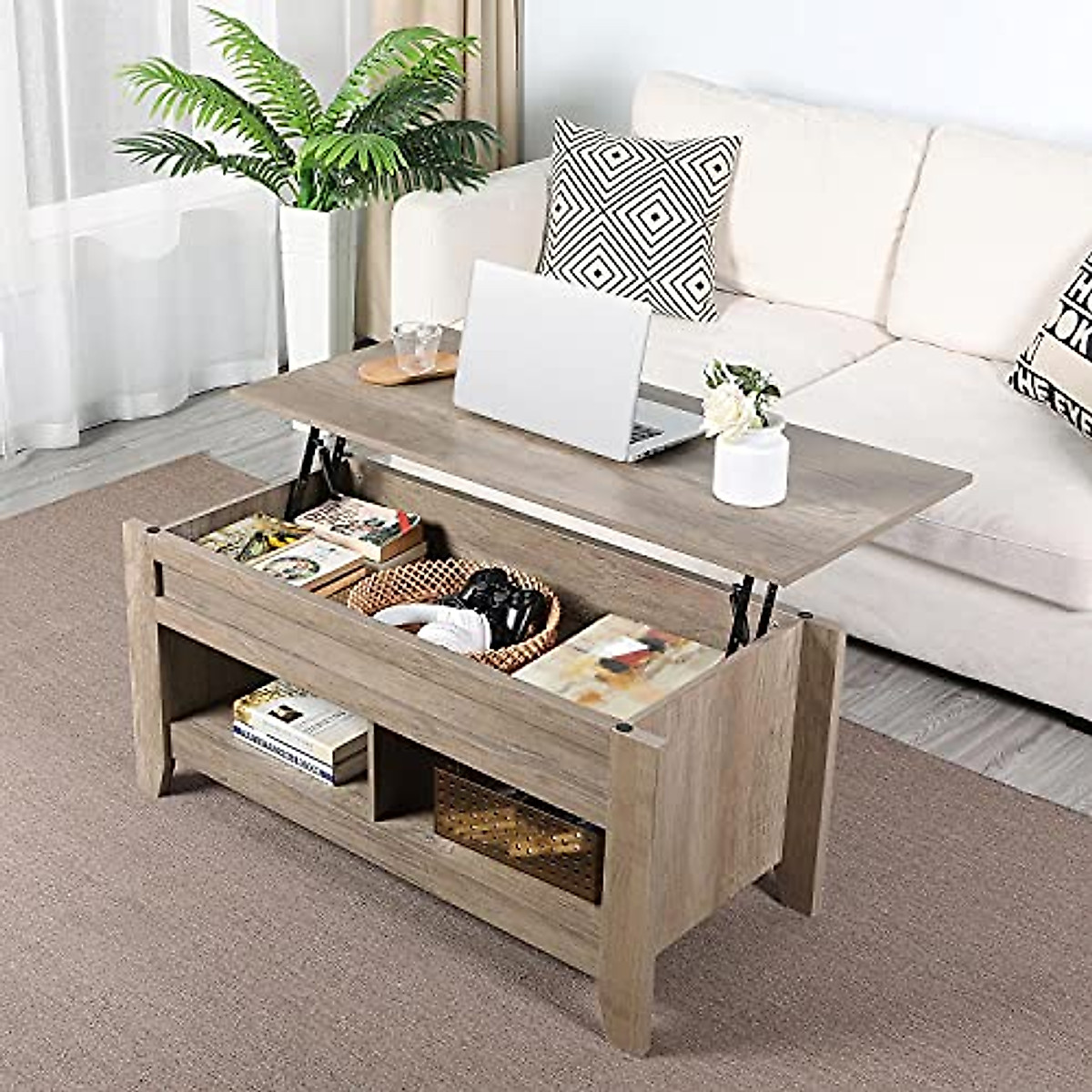 Yaheetech Lift Top Coffee Table, Coffee Table with Hidden Storage Compartment & Lower Shelf, 41in Center Table for Living Room, Office, Grey