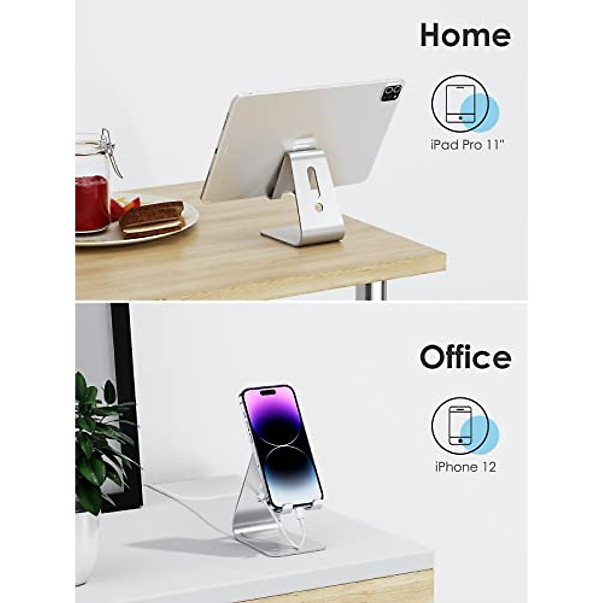 OMOTON Upgraded Aluminum Cell Phone Stand, C1 Durable Cellphone Dock with Protective Pads, Smart Stand Designed for iPhone 14 Plus, 14/13/12/11 Pro Max XR XS, iPad Mini, Android Phones, Silver