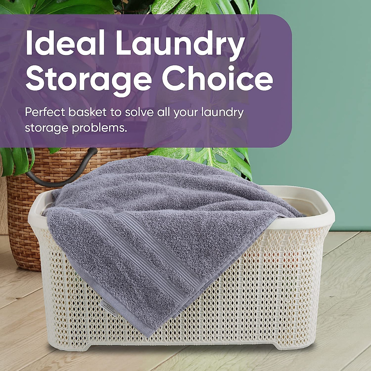 Plastic Laundry Basket Small Storage Hamper Basket, 3 Pack Cream Cloths Basket Organizer with Cut-Out Handles. Space Saving for Laundry Room Bedroom Bathroom, Knit Design 40 Liter.