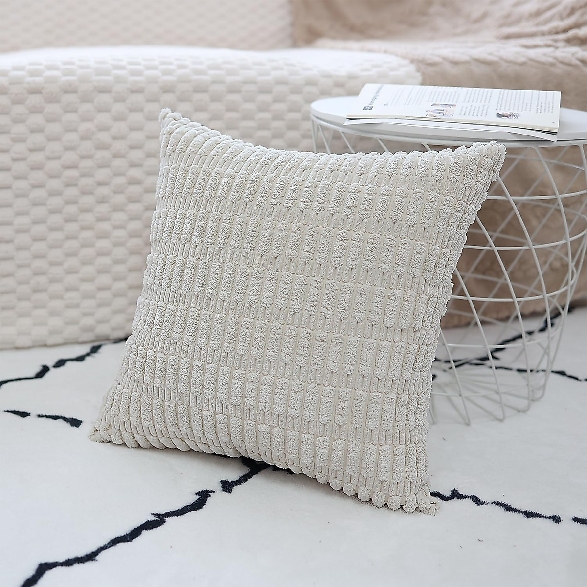 Henzxi Pack of 2 Corduroy Decorative Throw Pillow Covers 18x18 Inch Soft Striped Square Boho Pillow Covers Modern Farmhouse Home Decor for Sofa Living Room Couch Bed Cream White