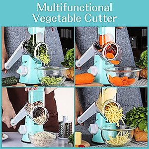 Rotary Cheese Grater with Handle for Fruit,Vegetables,Nuts, 3 In 1 Multifunctional Kitchen Square Drum Vegetable Cutter & Round Mandoline Slicer Nuts Grinder With 3 Interchangeable Blades (Blue)