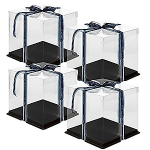 Clear Cake Box,4 Pcs Transparent Cake Box with Ribbon for Pastries10" X 10" X 9"-Clear Tall Cake Box- Clear Gift Boxes with Lid for Wedding Party and Gift Display (Black-4 Set)