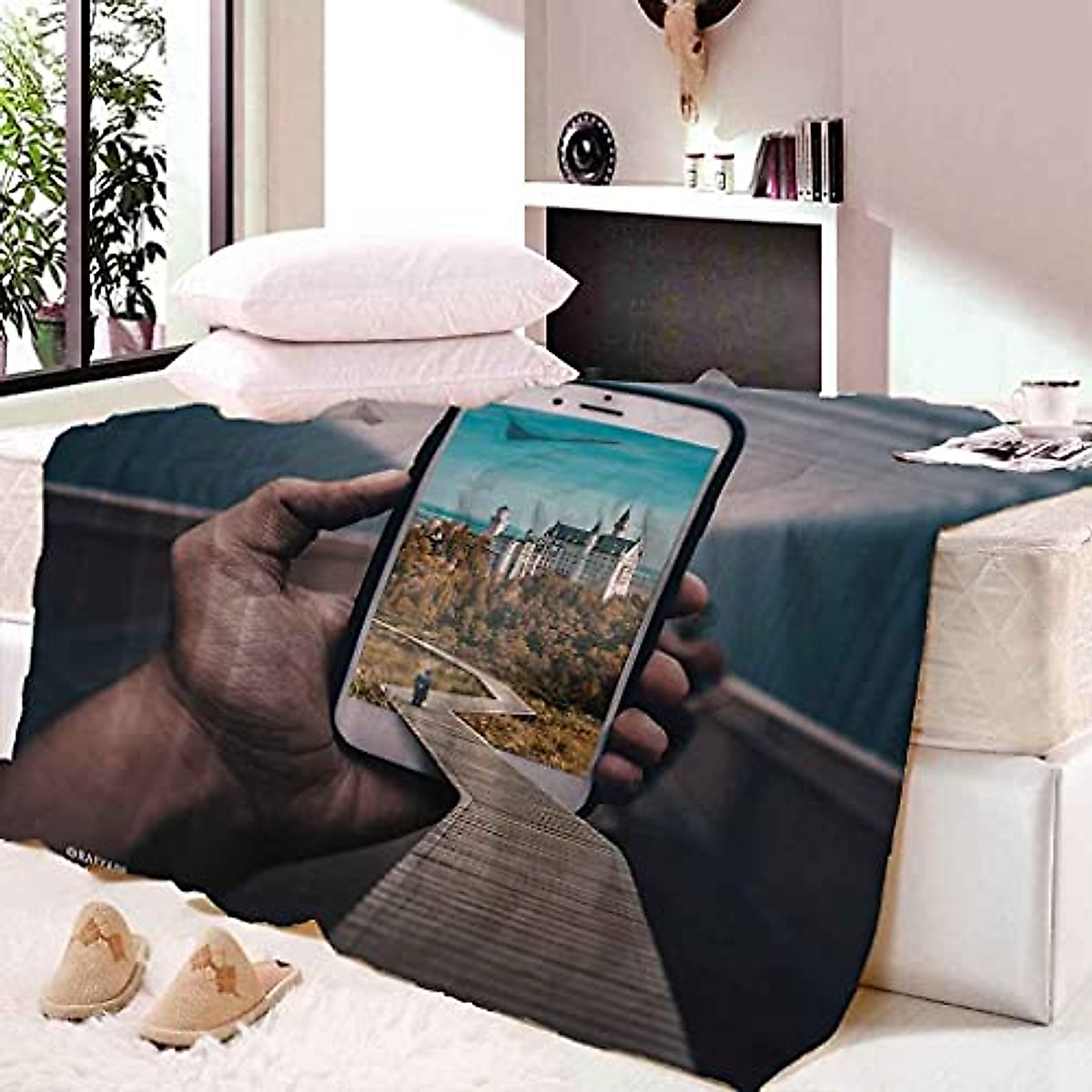 DALEM Soft Fleece Throw Blanket - Fluffy Microfiber Solid Blankets for Bed and Couch Double/Single Size - 59X79Inch Wooden Bridge Scenery Printed Flannel Blanket for Bed, Couch and Sofa