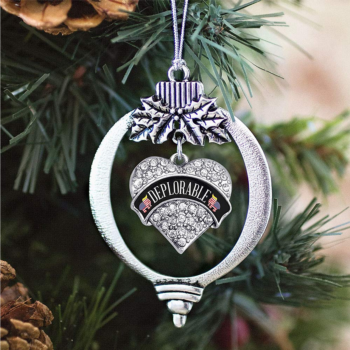 Inspired Silver - Deplorable Charm Ornament - Silver Pave Heart Charm Holiday Ornaments with Cubic Zirconia Jewelry