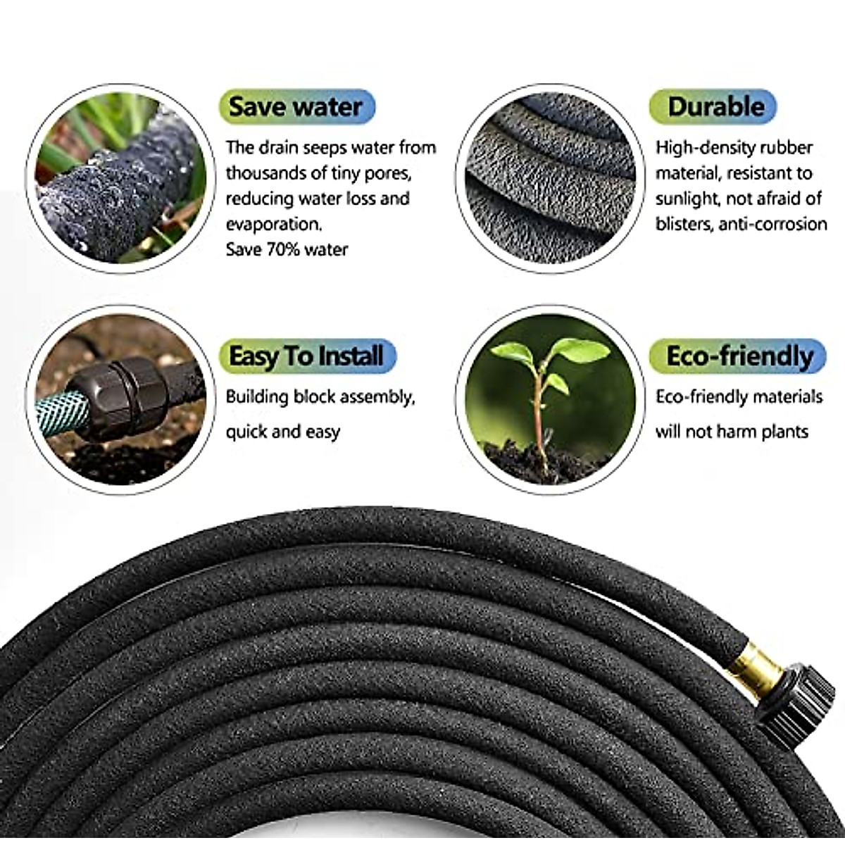 Holldoor Soaker Hose 100 Ft for Garden Beds with Soaker Hose Fittings, 1/2’’ Diameter Soaker Hose for Garden, 70% Water Saving Drip Hoses for Lawn, Landscaping, Garden(100 FT)