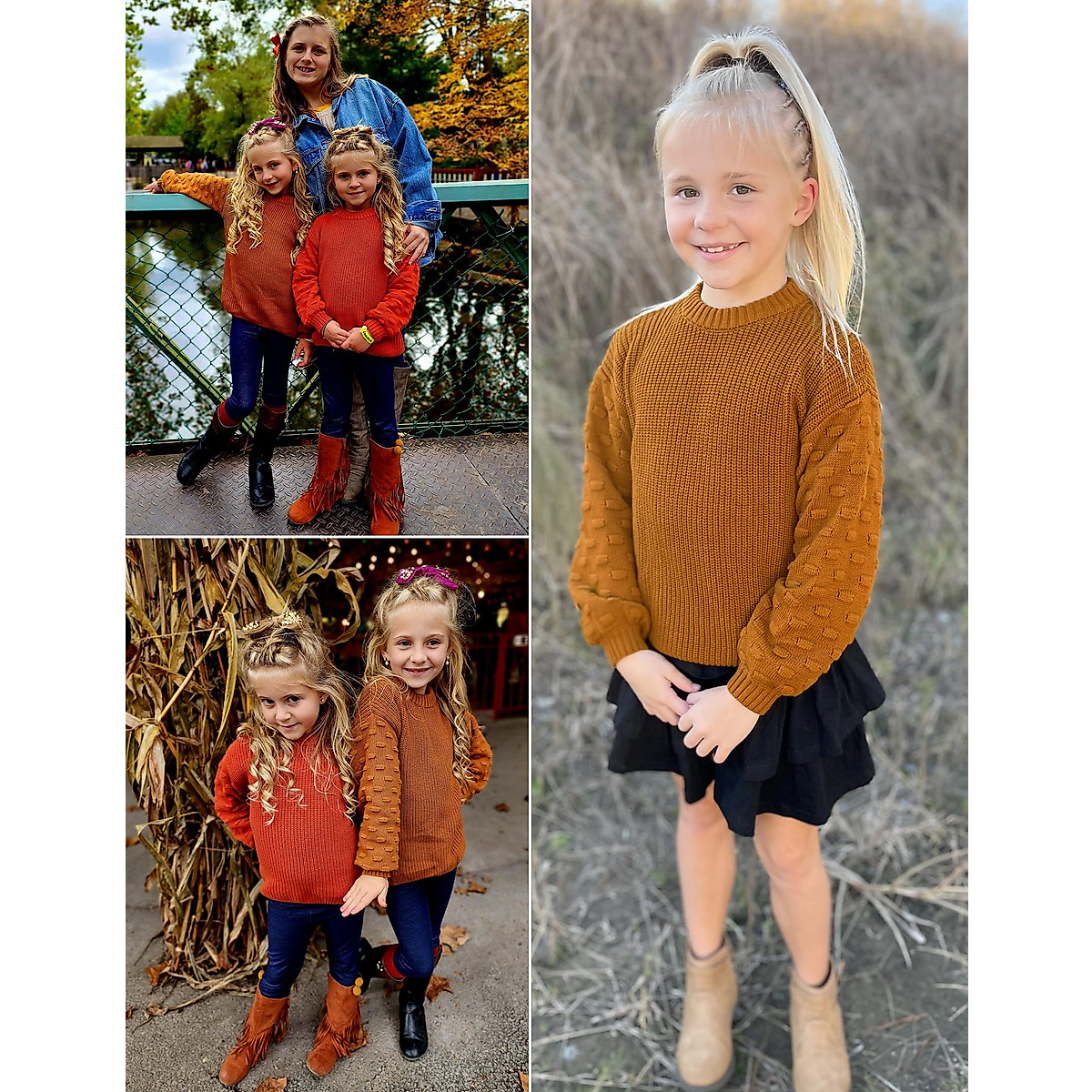 Arshiner Kids Girls Slouchy Chunky Sweater Drop Shoulder Puff Long Sleeve Pullovers Ribbed Loose Outwear Brown 11-12 Years