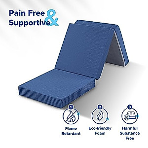 Olee Sleep Tri-Folding Memory Foam Mattress Topper, 4 Inch Gel Folding Mattress for Camping, Foldable Guest Bed, CertiPUR-US Certified, Soft, Blue, Twin Size