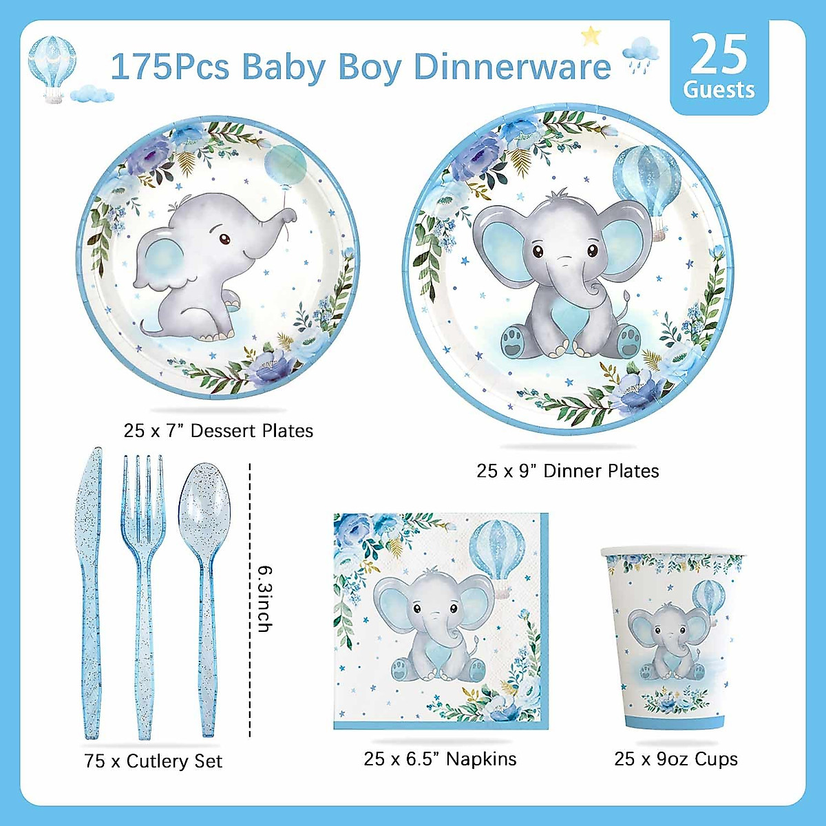 175Pcs Baby Boy Shower Decorations Plates Set for 25 Guests, Elephant Baby Shower Paper Plates Napkins Cups and Utensils Tableware Blue Floral Theme Birthday Party Supplies