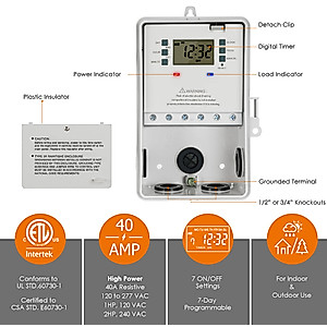 Suraielec Pool Timer, 7-Day Digital Pool Pump Timer Switch, 120, 240, 277 VAC, Heavy Duty 40 AMP, 2HP, 24 Hour Programmable, Outdoor Indoor Swimming Pool Timer Box for Pump, Hot Water Heater, Lights
