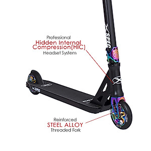 Xspec Pro Stunt Kick Scooter, Unique Oil Slick Anodized Design Trick Scooter, Matte Black Frame, Purple Rainbow Neo Chrome
