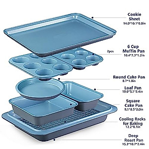 Baking Pans Set with Nonstick Coating - UltraThick Professional 8-Piece Bi-Color Pans including Cookie Sheet, Muffin, Loaf, Cake Pans, and Cooling Rack - Heavy Duty, Dishwasher Safe (Grey&Blue)