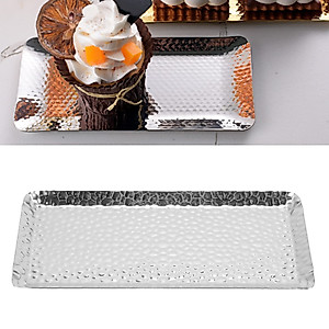 Hammered Tray with Raised Edges 9.8x4.3 inch Hammered Stainless Steel Rectangular Metal Serving Tray Platter Fruit Dish for Parties Copper Finish Makeup Organizer Jewellery Holder Towel(Silver)