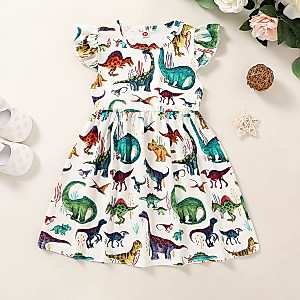 Happy Town Toddler Baby Girl Dress Dinosaur Printed Girl Summer Dresses Fly Ruffle Sleeve Tutu Dress Casual Sundress (White Dinosaur, 3-4 Years)