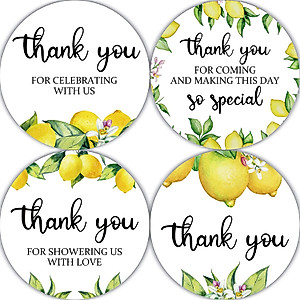 80 Pieces Round Lemon Thank You Stickers, Wedding Bridal Shower Birthday Party Decorate Watercolor Lemon Themed Party Gift Wrap Bag Label Decorations, 4 Design Stickers