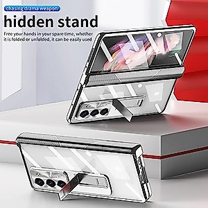 PUROOM for Samsung Galaxy Z Fold 5 Hinge Coverage Protective Case Transparent Plating PC with Pen Holder Kickstand Screen Protector All-Inclusive Case (z fold 5, Silver)