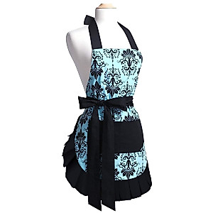 G2PLUS Aprons for Women with Pockets, 28'' x 27'' Vintage Cotton Cooking Apron, Long Ties Adjustable Floral Apron for Kitchen, Cooking, Baking and Gardening (Blue)