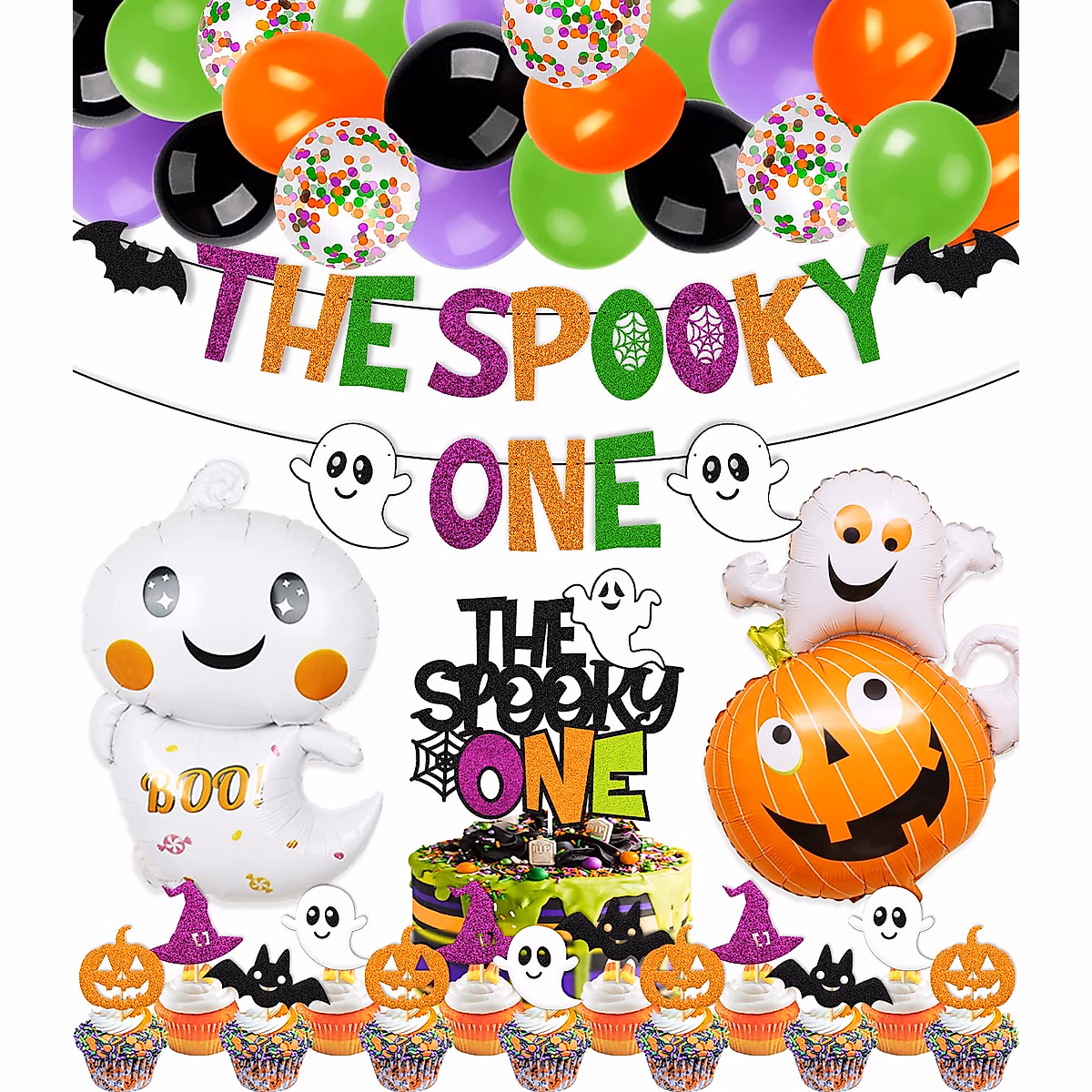 58 PCS Halloween 1st Birthday Decorations The Spooky One Party Decorations Happy Bday Banner Cake Topper Ghost Spider Web Haunted House Themed for Kids Boy Girl One Year Old First Bday Party Supplies