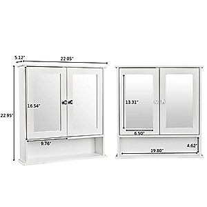 Duitrc Bathroom Wall Cabinet, White Wall Mounted Bathroom Cabinet, Space Saving Storage Cabinet with Mirrored Doors and 3 Open Shelves, Adjustable Shelves, Suitable for Bathroom,LivingRoom
