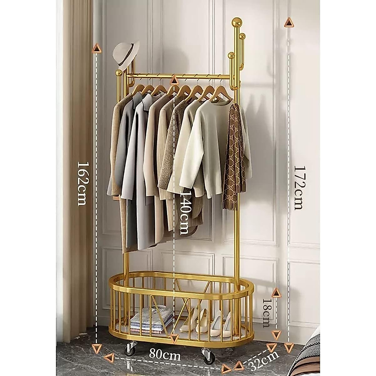 REROM 360° Wheels Free-Standing Coat Rack,with 4 Hooks Clothes Rack Garment Rail Storage Basket for Bedroom Living Room Garment Rack (Color : White, Size : 80cm)