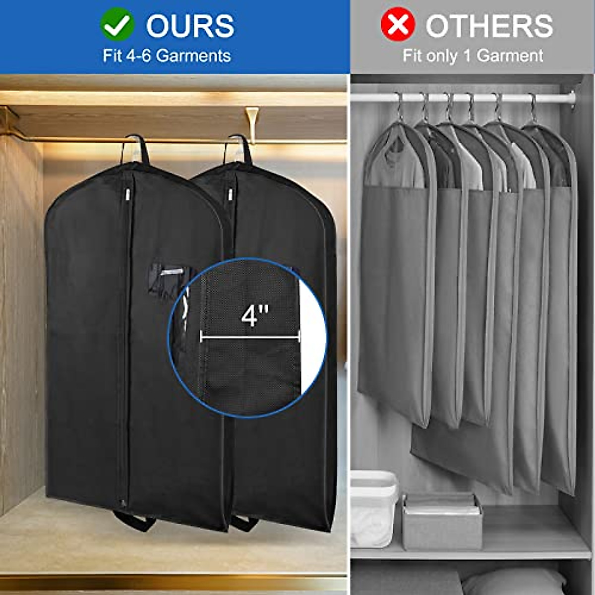 Garment Bags for Travel 43" 2 Pack, Hoprfire Suit Garment Covers with 4" Gussetes for Closet Storage for Men Breathable Foldable Hanging Bags Waterproof for Suit, Clothes, Custom, Tuxedo, Shirts, Coat
