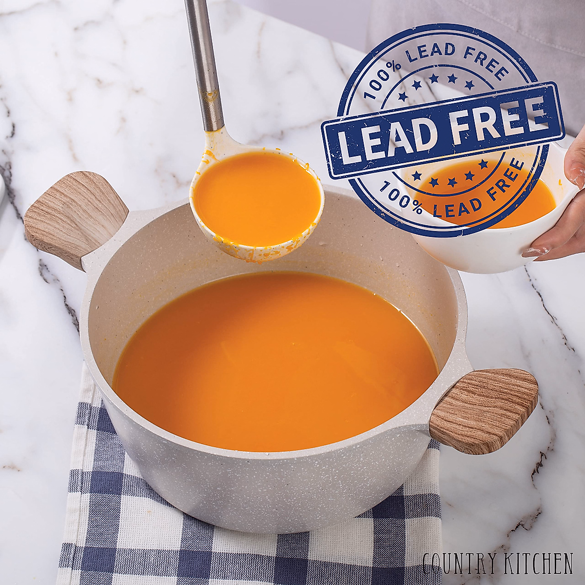 Country Kitchen Non-Stick Cast Aluminum Cookware Set - Durable Kitchen Cookware for Everyday Cooking, Cream, 13 Pc.