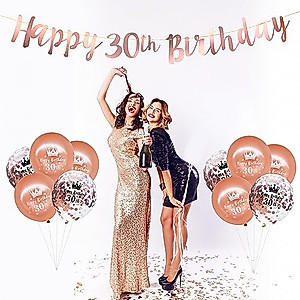Happy 30th Birthday Banner 12 PCS, Rose Gold 30th Birthday Banner Bunting with 12 Inch Rosegold Happy 30th Birthday Confetti Helium Latex Balloons for Women 30th Birthday Party Decorations Supplies