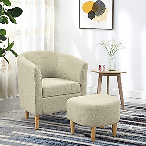 DAZONE Accent Chair Set of 2 Mid Century Modern Chair with Ottoman Comfy Armchair Footrest Set Comfortable Living Room Chairs Upholstered Barrel Club Tub Sofa Chair for Bedroom Reading Room Beige