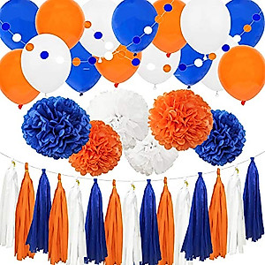 Carnival Navy Blue Orange White 38pcs American Birthday Bachelorette Baby Shower Wedding Party Decoration Kit - - 12" 10" Tissue Pom Pom, 12' Latex Balloon, Paper Tassel, Circle Dot Garland