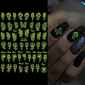 Butterfly Nail Art Stickers 3D Luminous Nail Art Supplies Self Adhesive Nail Decals Flame Star Moon Heart Designer Nail Stickers for Women Acrylic Nails Design Manicure Art Decorations 6 Sheets
