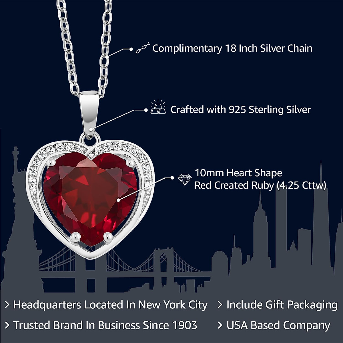 Gem Stone King 925 Sterling Silver Created Ruby Pendant Necklace For Women (4.25 Cttw, Heart Shape 10MM, With 18 Inch Silver Chain)