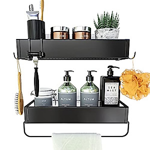 ROSEYAT Shower Caddy Shelf with Towel Bar, Adhesive Shampoo Holder with Hook, Shower Rack Basket Organizer for Bathroom, 2-in-1 Bathroom Shelf Kitchen Spice Organizer, 2-Pack Black