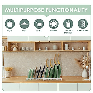 taabooh Adjustable Pot And Pan Organizer Rack - Aesthetic Pot Lid Organizer Rack - Durable Cookware Rack And Baking Pan Organizer - Expandable Horizontal Frying Pan Organizer With 10 Dividers