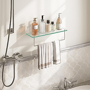 HOOBRO Glass Shelf for Bathroom, 15.7 Inch Glass Bathroom Shelf Wall Mounted, Tempered Glass Shelf with Stainless Steel Rod, Floating Shelves for Bathroom, Toilet, Room Decor, Silver SV03BJ01