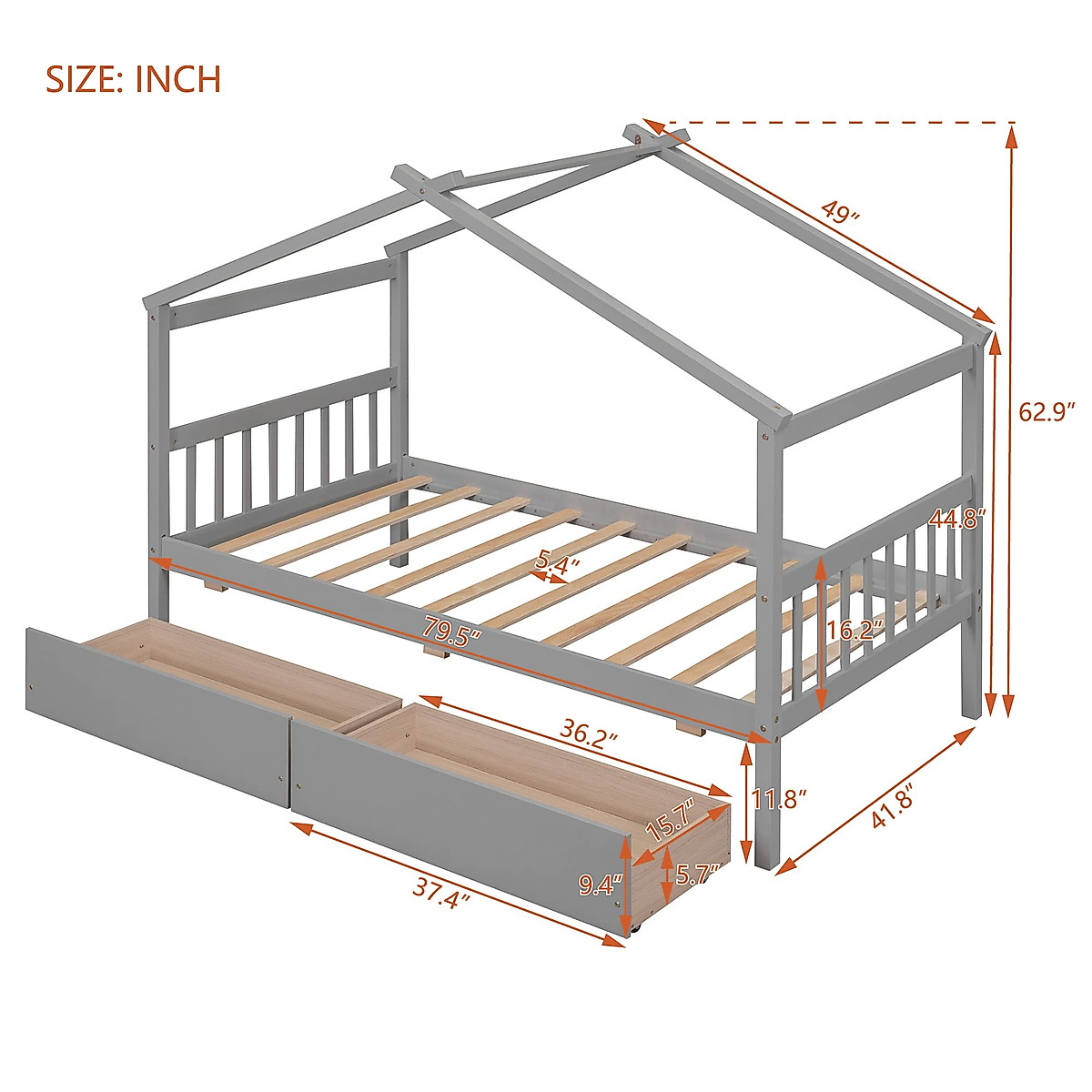 Harper & Bright Designs Twin Size House Bed for Kids, Wooden House Bed Twin with Two Drawers, Kids Twin Bed Frame with Storage,Roof Design for Girls Boys, Grey